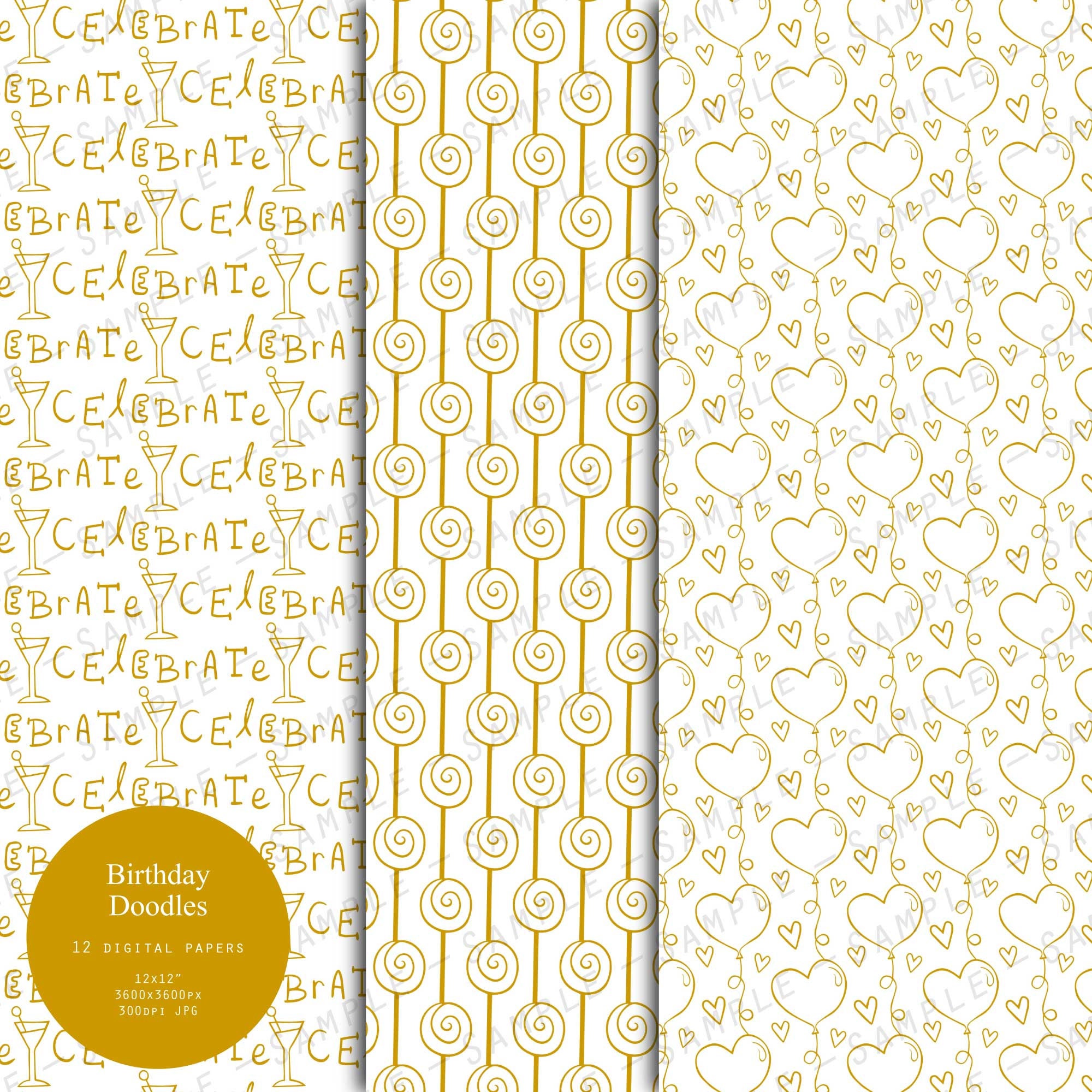 Birthday Doodles Digital Paper Pack - 12 Printable Papers in Gold for ...