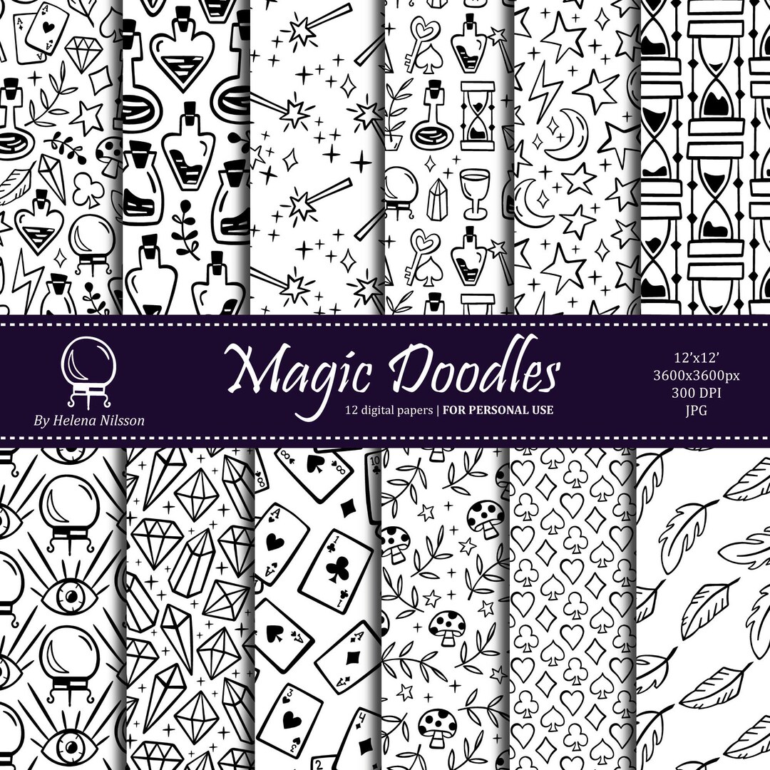 Magic Doodles Digital Paper Pack - 12 Printable Papers - Witch ...