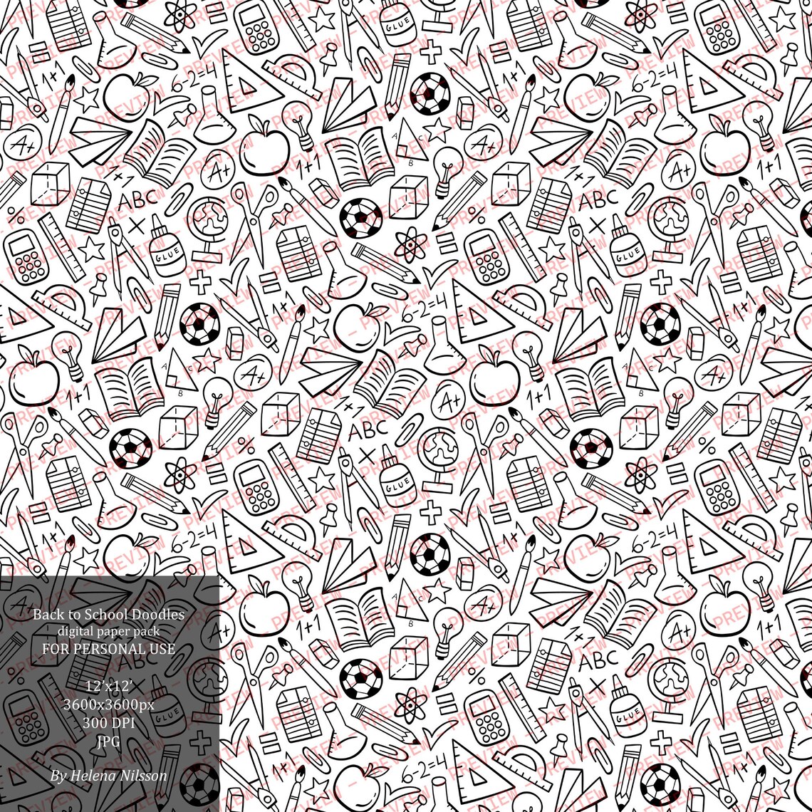 Back to School Doodles Digital Paper Pack - 12 Printable Papers for ...