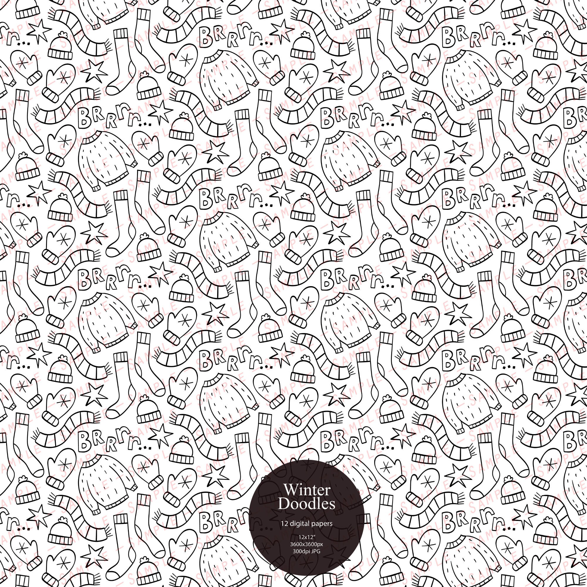 Winter Doodles Digital Paper Pack - 12 Printable Papers for Personal ...