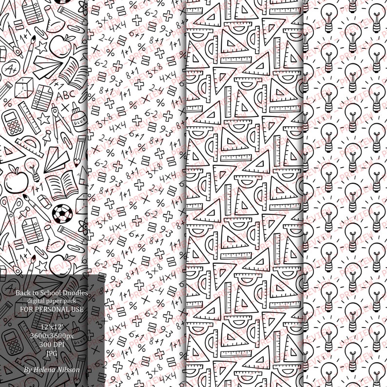 Back to School Doodles Digital Paper Pack - 12 Printable Papers for ...