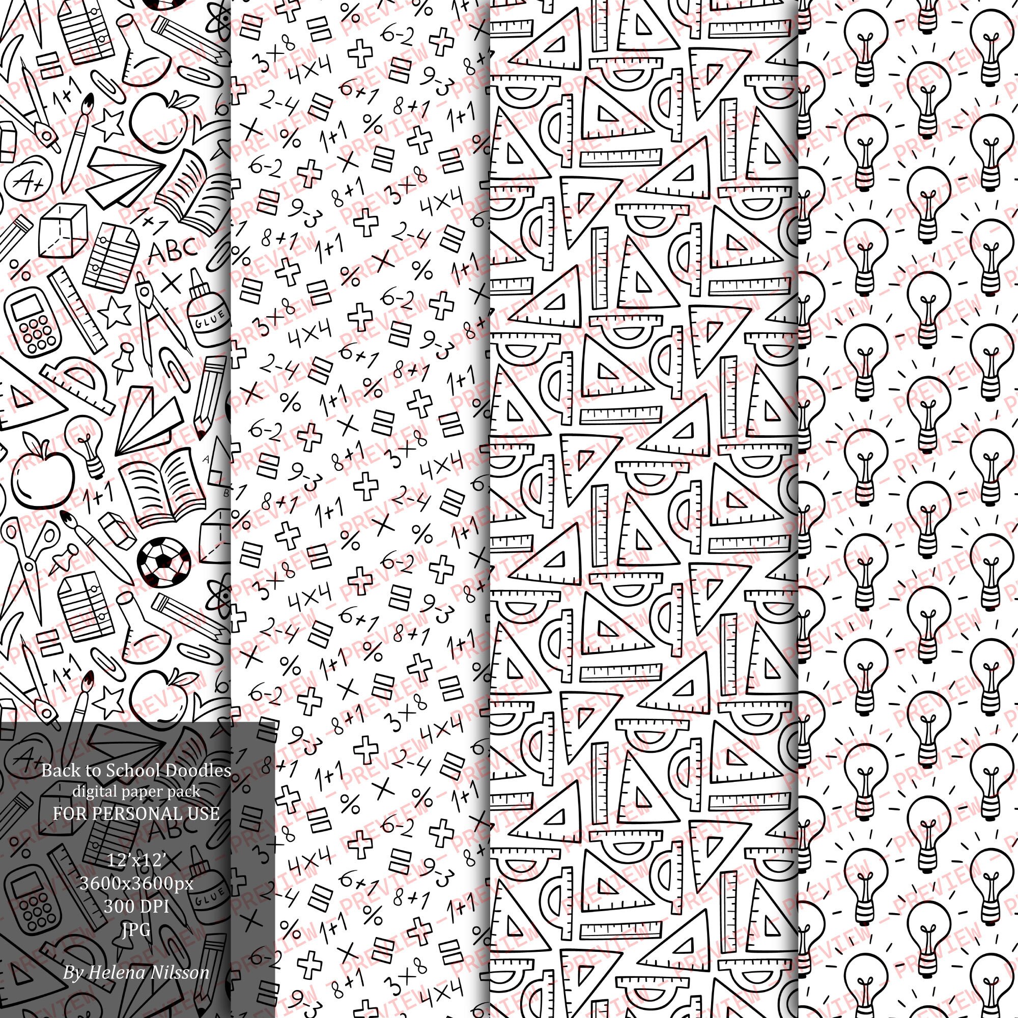 Back to School Doodles Digital Paper Pack - 12 Printable Papers for ...