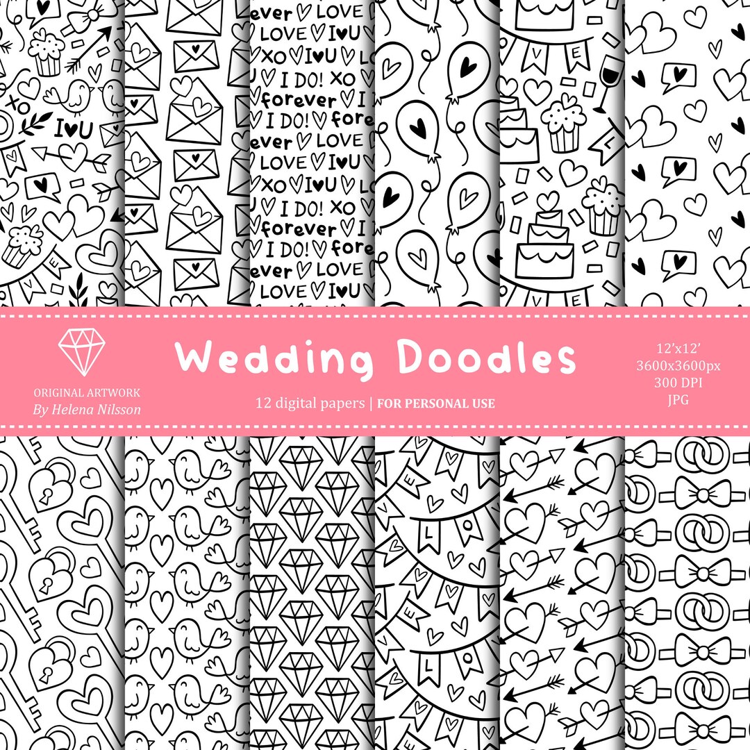 Wedding Doodles Digital Paper Pack - 12 Printable Papers for Personal ...