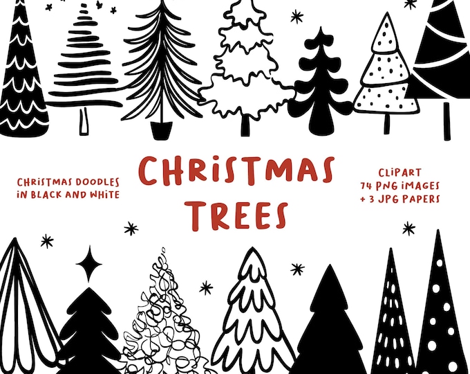 Black & White Christmas Tree Clipart. Hand Drawn Minimalist ...