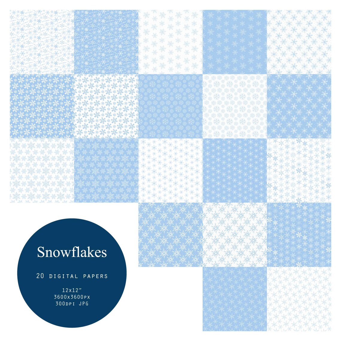Snowflakes Digital Paper Pack 20 Printable Papers in Blue and White for ...