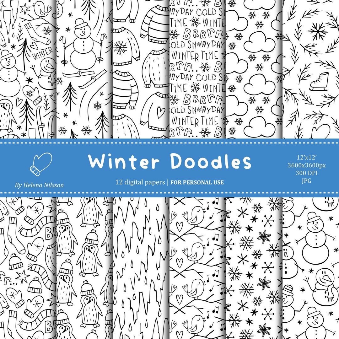 Winter Doodles Digital Paper Pack - 12 Printable Papers for Personal ...