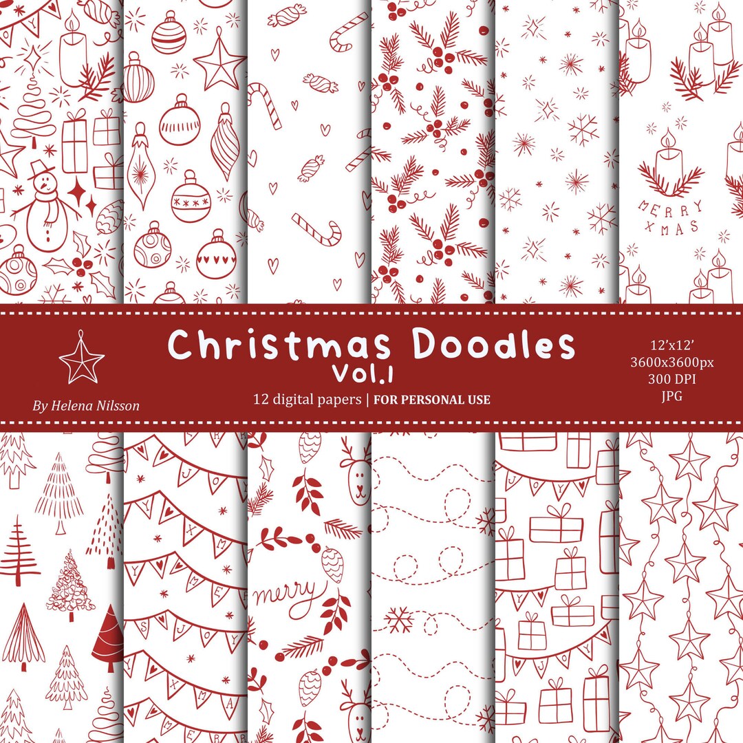 Christmas Doodles Digital Paper Pack Vol.1 - 12 Printable Papers in Red ...