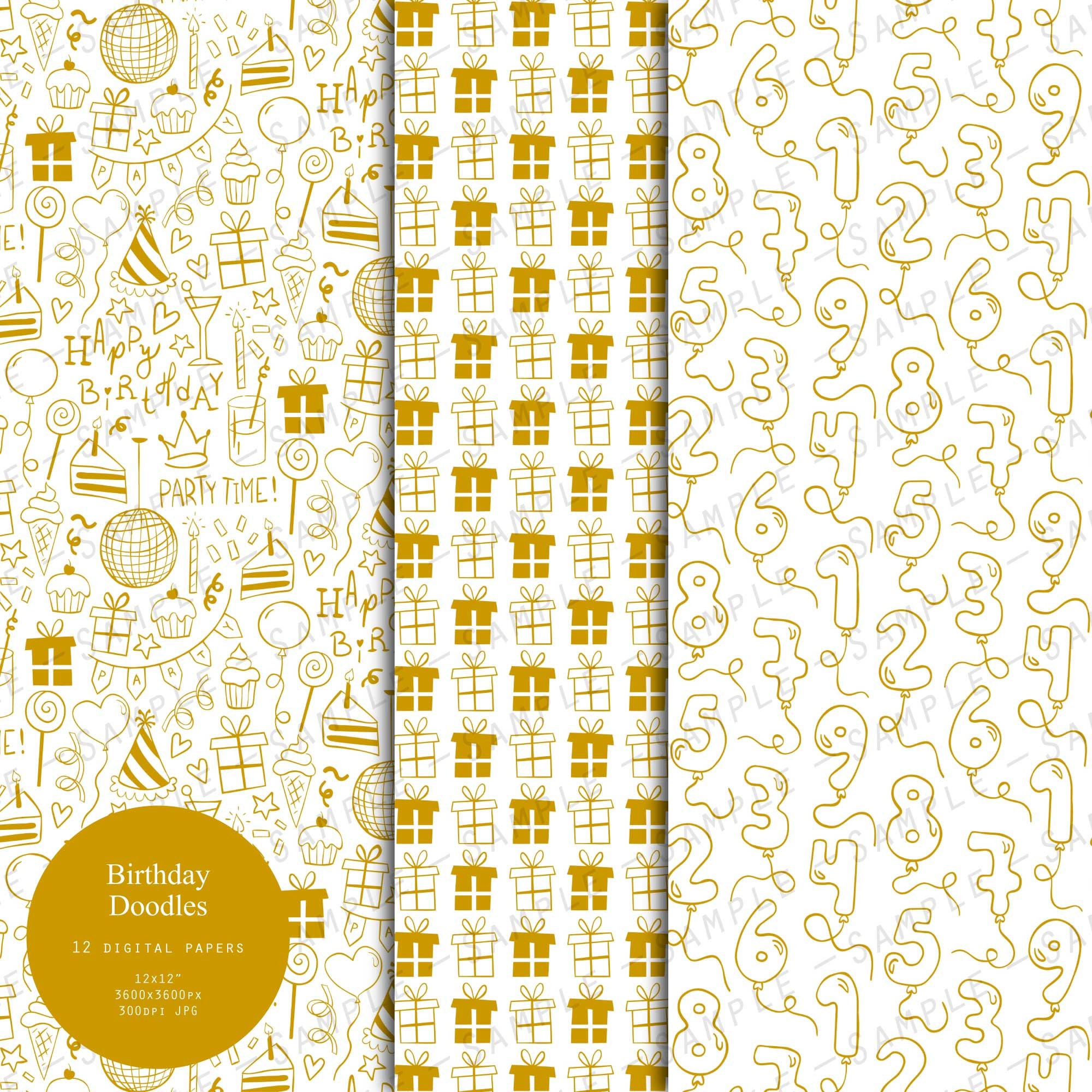 Birthday Doodles Digital Paper Pack - 12 Printable Papers in Gold for ...