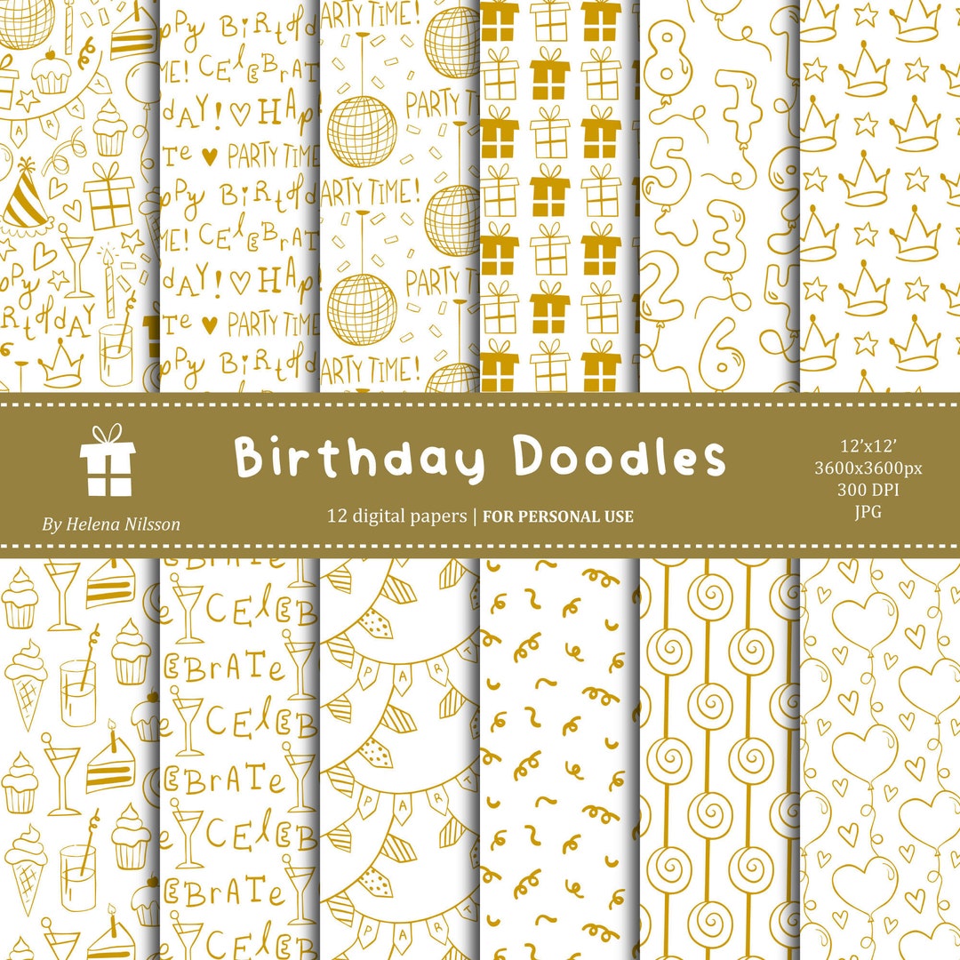 Birthday Doodles Digital Paper Pack - 12 Printable Papers in Gold for ...