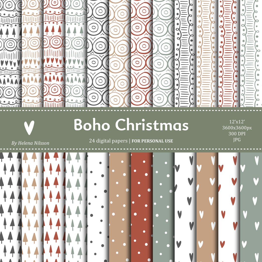 Boho Christmas Digital Paper Pack - 24 Printable Papers for Personal ...