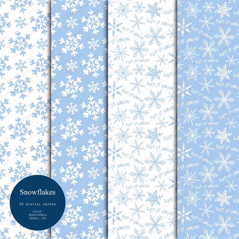 Snowflakes Digital Paper Pack - 20 Printable Papers in Blue and White ...
