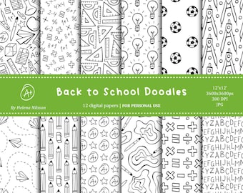 Black & White Back to School Digital Paper. Hand Drawn Student, Teacher ...