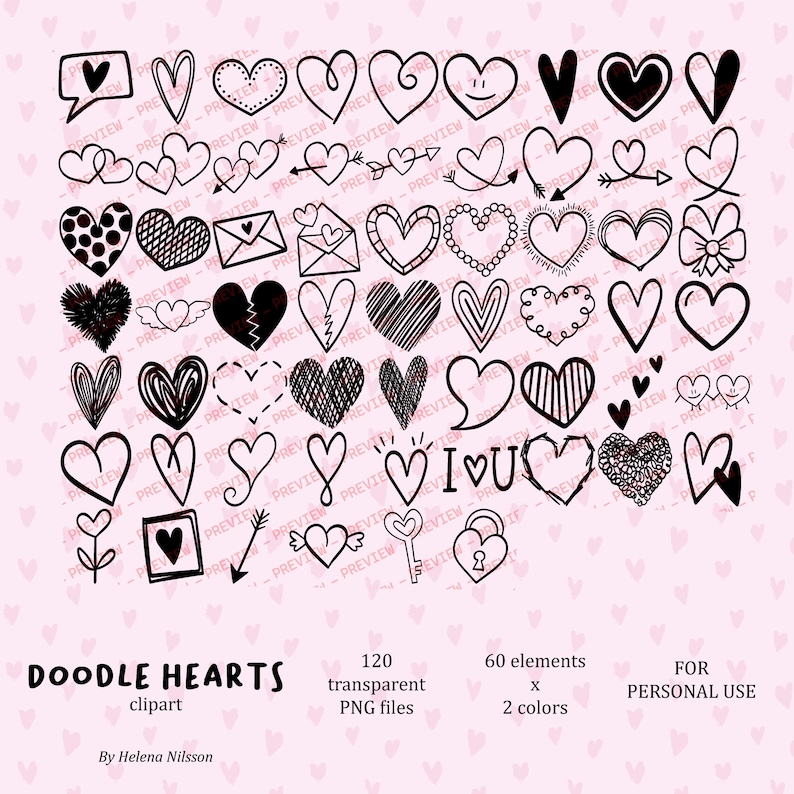Doodle Hearts Clipart - 120 Transparent PNG Images - PERSONAL USE ...