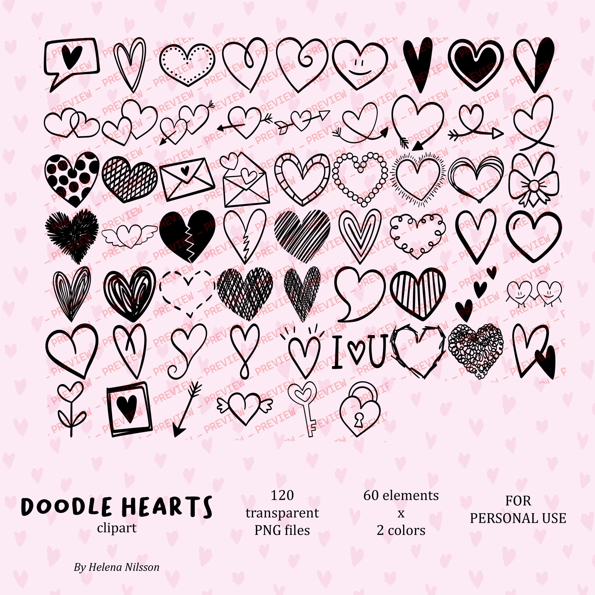 Doodle Hearts Clipart - 120 Transparent PNG Images - PERSONAL USE ...
