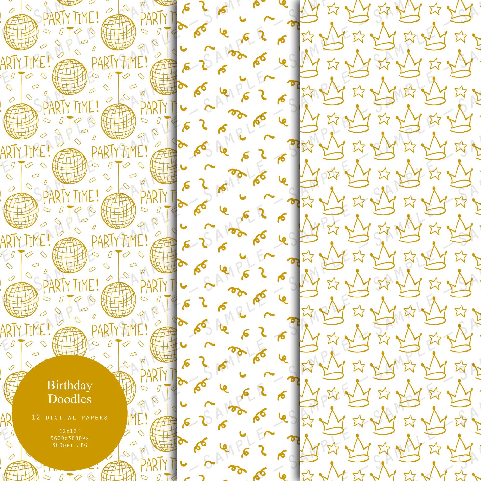 Birthday Doodles Digital Paper Pack - 12 Printable Papers in Gold for ...