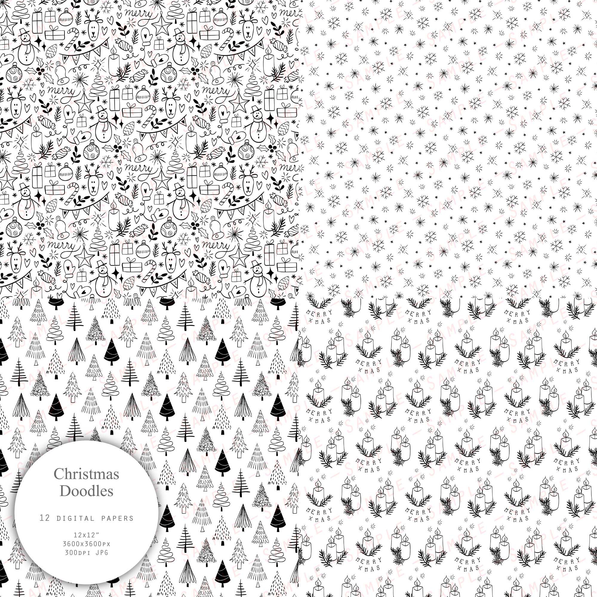 Christmas Doodles Digital Paper Pack Vol.1 - 12 Printable Papers for ...