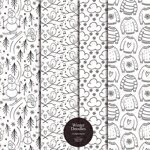 Winter Doodles Digital Paper Pack - 12 Printable Papers for Personal ...