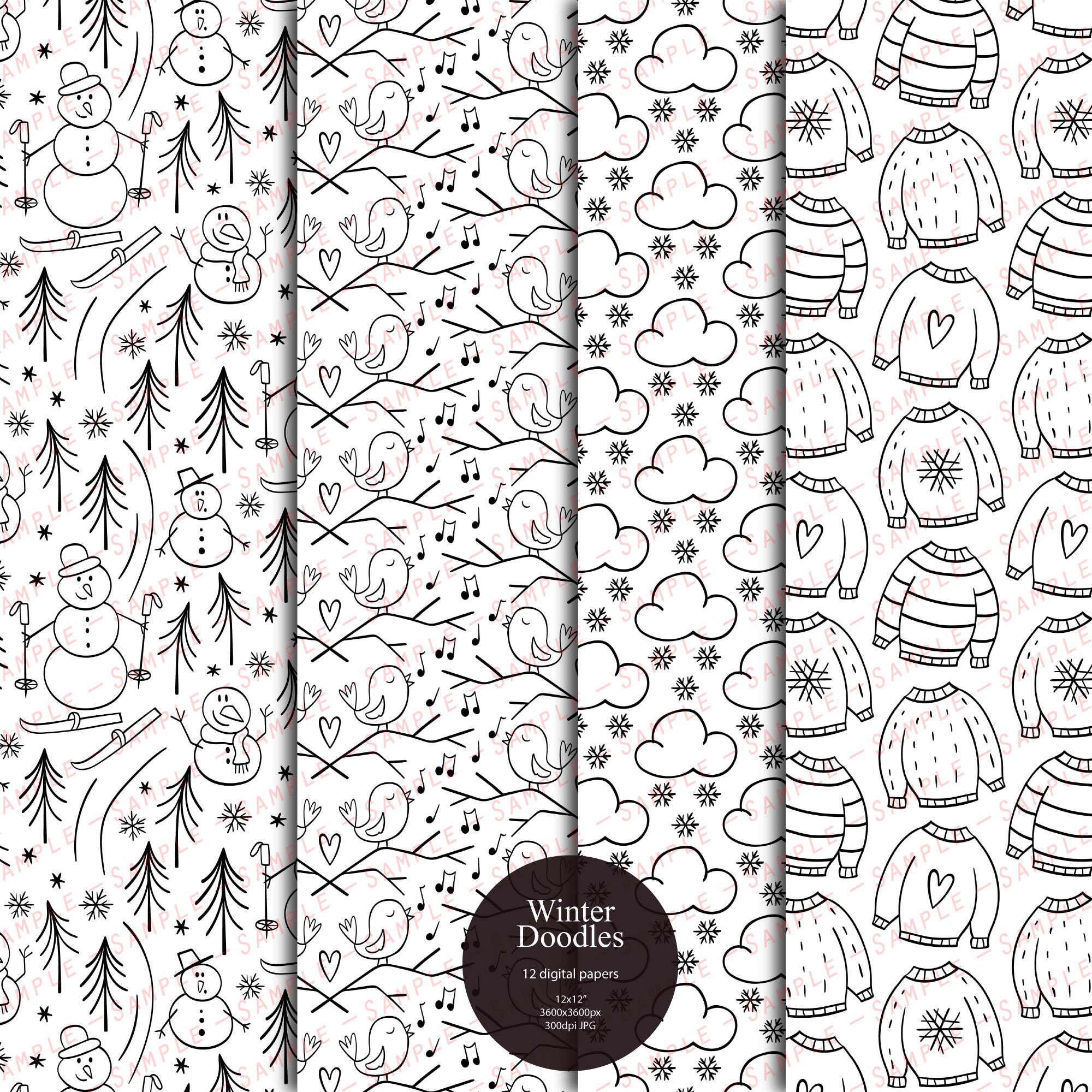 Winter Doodles Digital Paper Pack - 12 Printable Papers for Personal ...