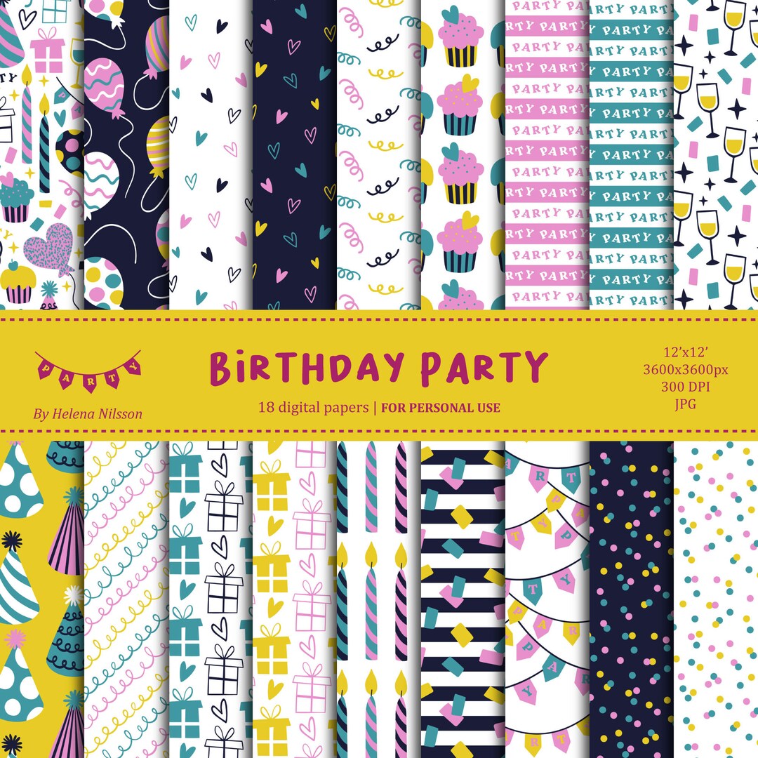 Birthday Party Digital Paper Pack - 18 Printable Papers for Personal ...