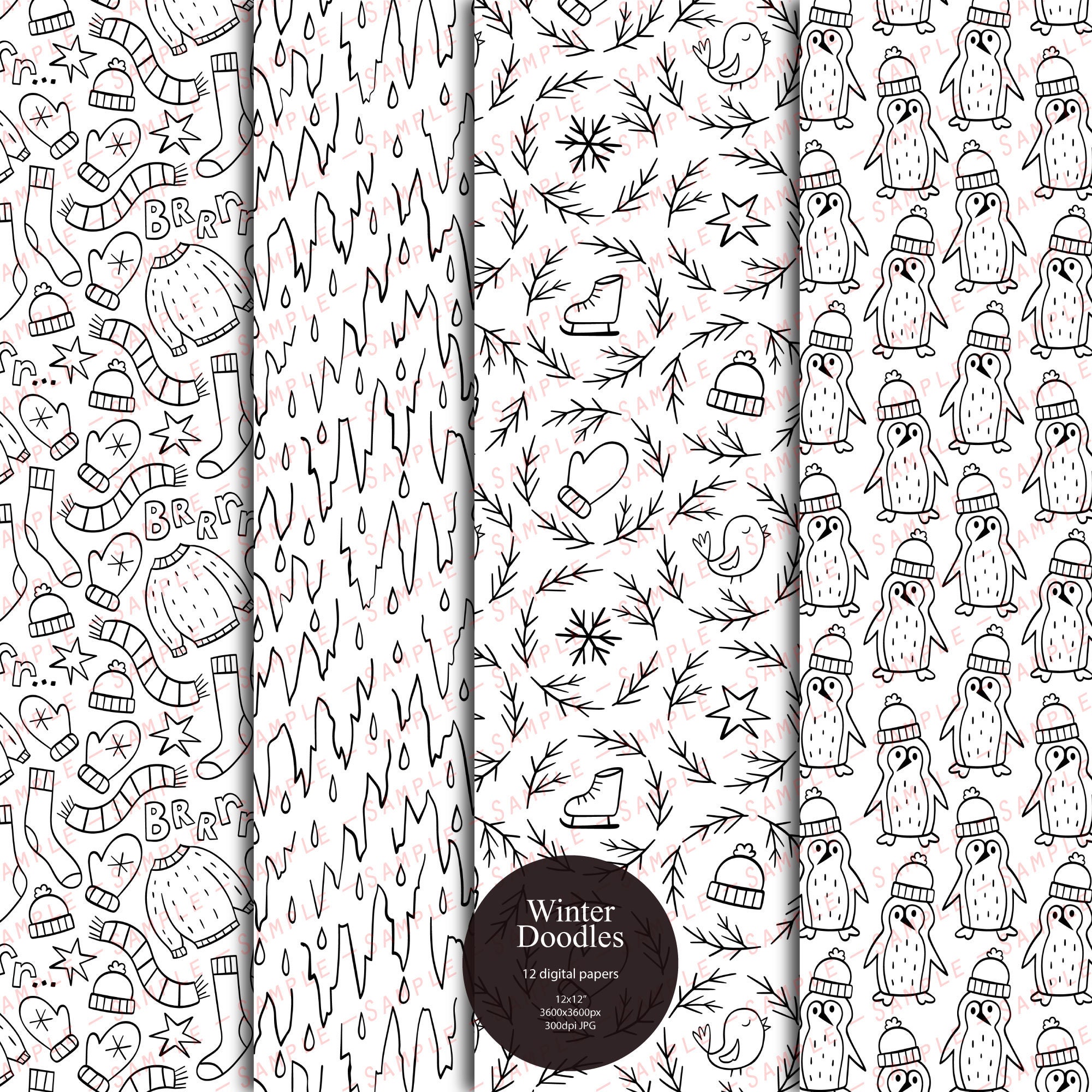 Winter Doodles Digital Paper Pack - 12 Printable Papers for Personal ...