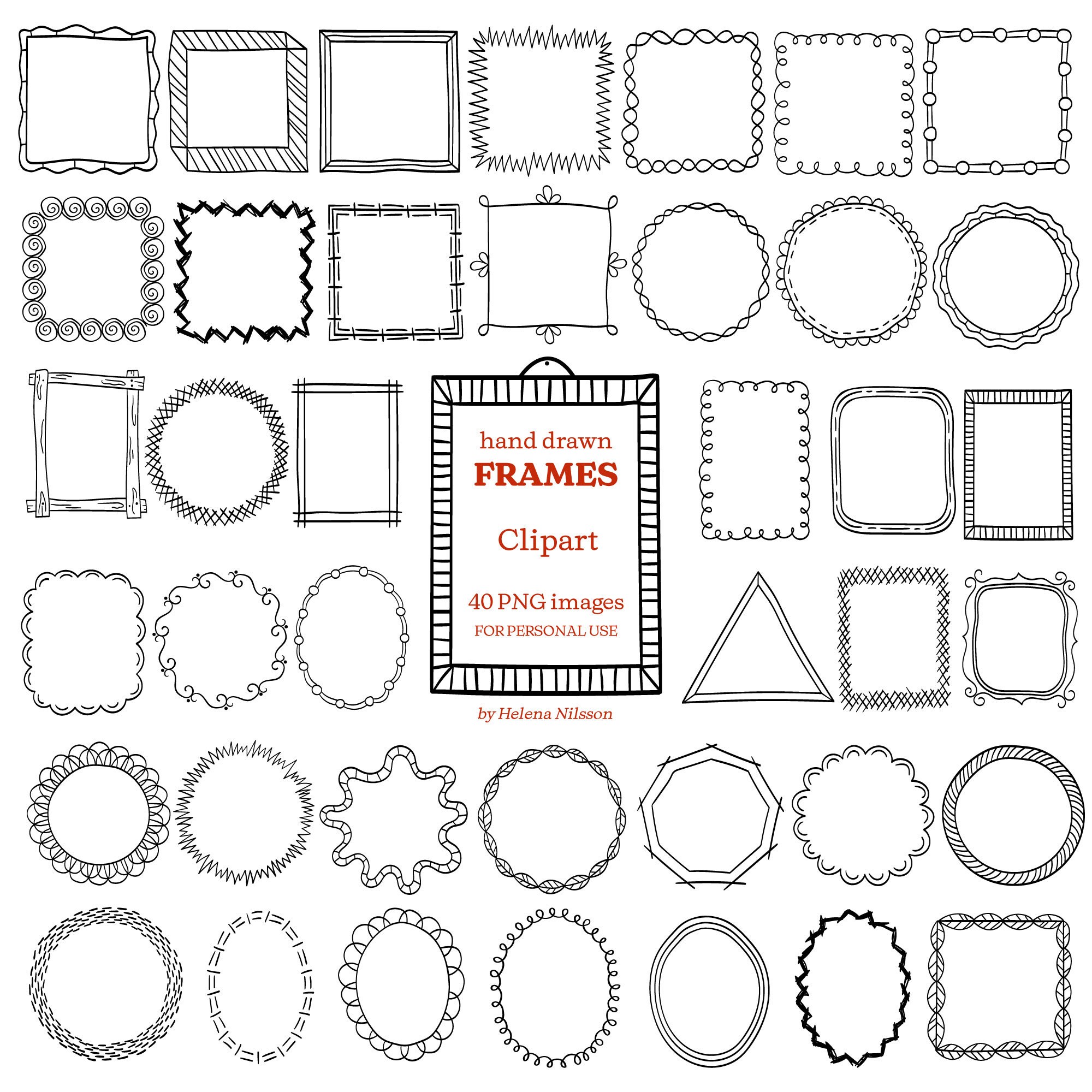 Hand Drawn Frames Clipart - 40 Transparent PNG Elements for Personal ...