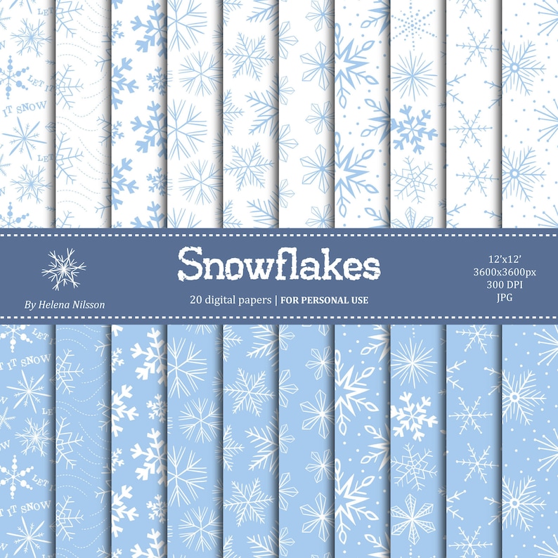 Snowflakes Digital Paper Pack - 20 Printable Papers in Blue and White ...