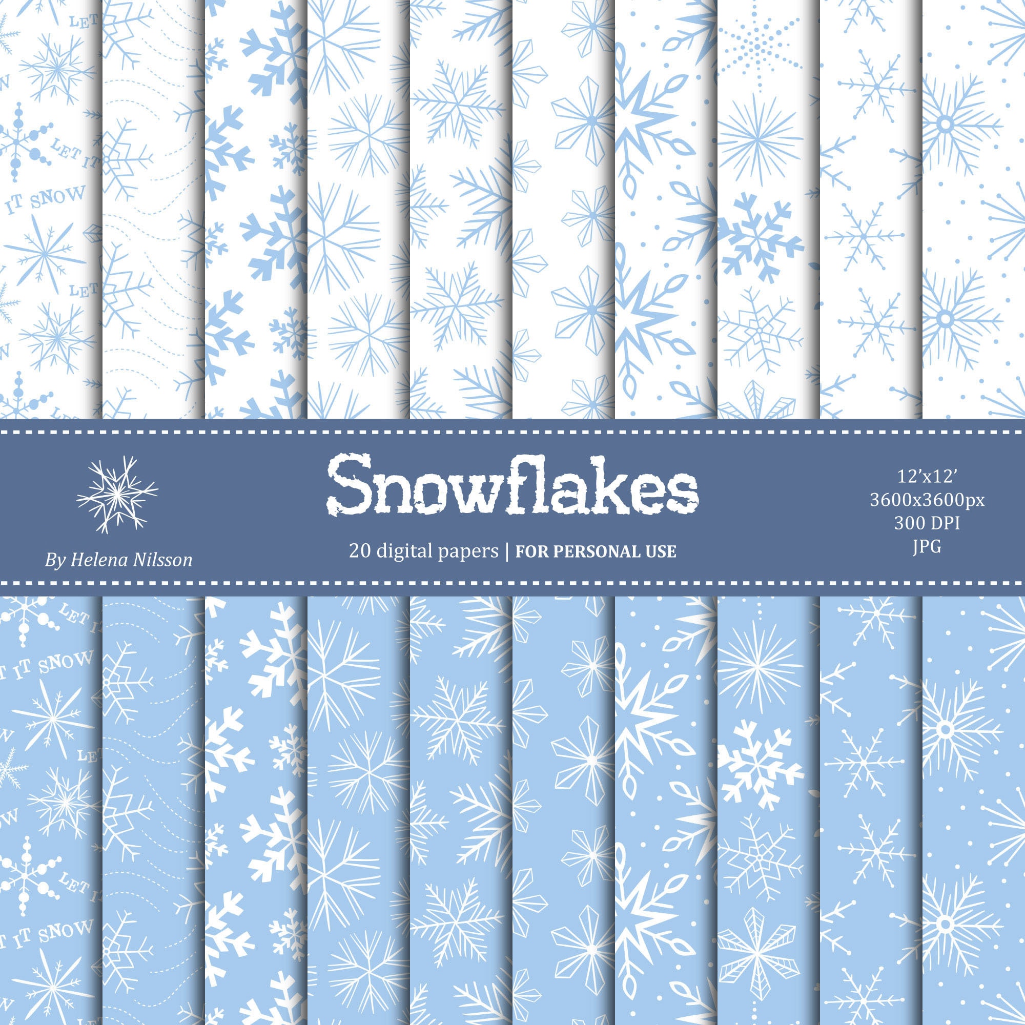 Snowflakes Digital Paper Pack 20 Printable Papers in Blue and White for ...