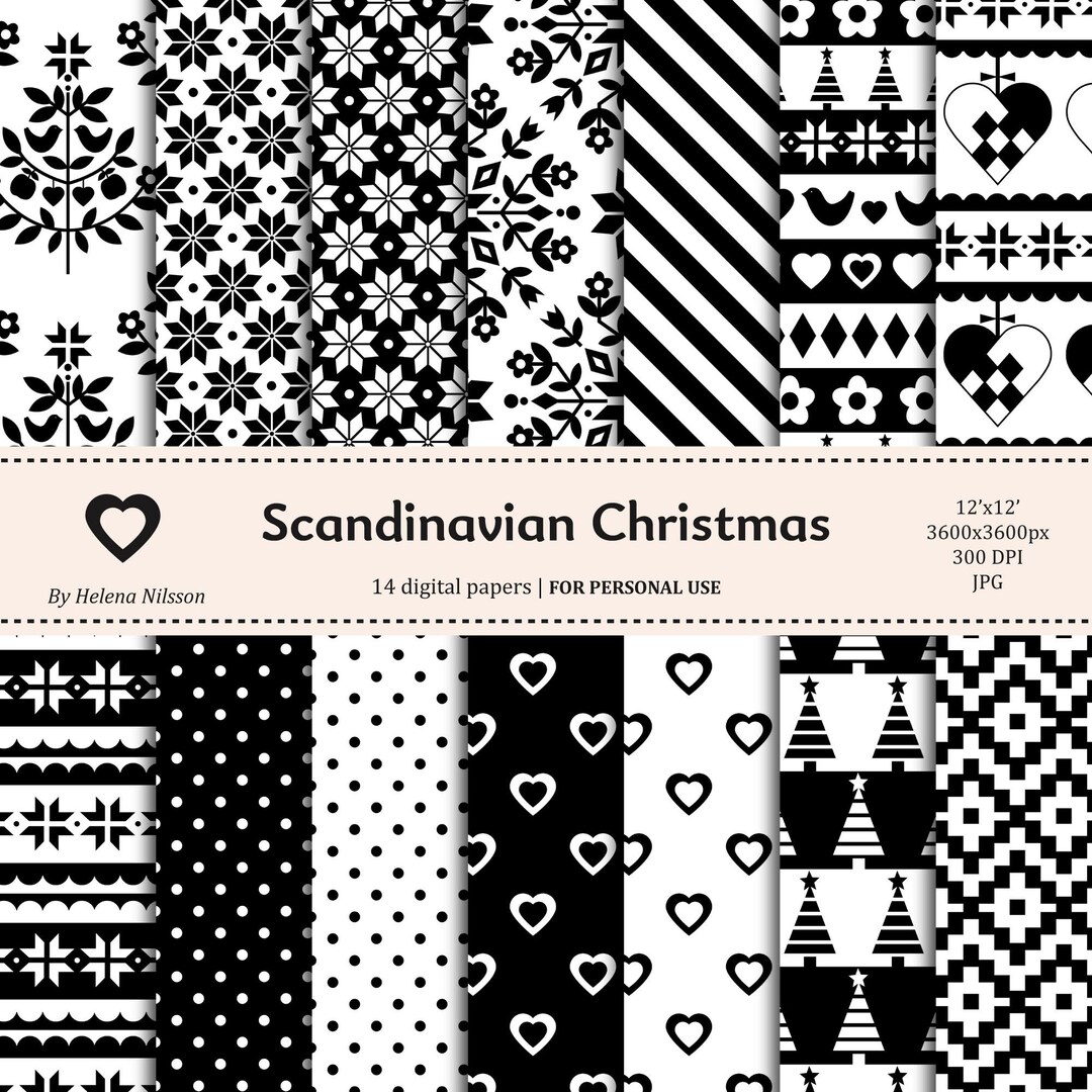 Scandinavian Christmas Digital Paper Pack: Black & White Nordic Winter ...