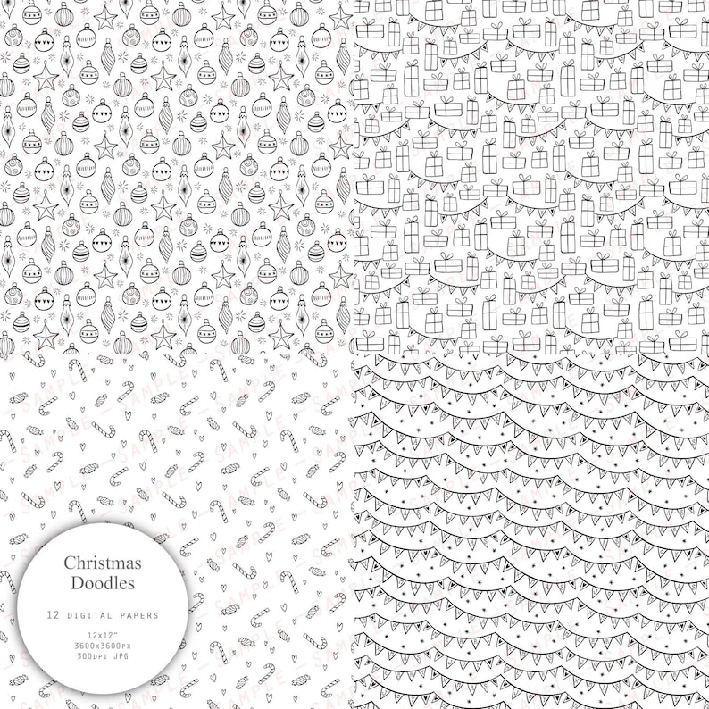 Christmas Doodles Digital Paper Pack Vol.1 - 12 Printable Papers for ...