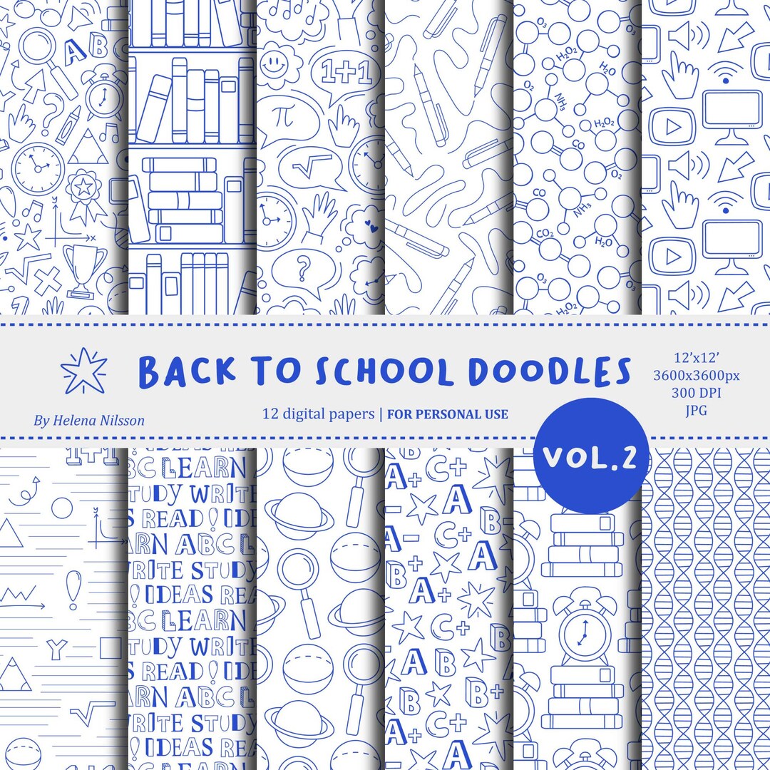 Back to School Doodles Digital Paper Pack Vol.2 - 12 Printable Papers ...