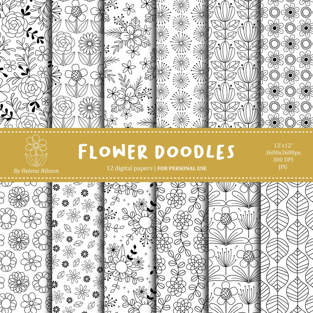 Flower Doodles Digital Paper Pack - 12 Printable Papers for Personal ...