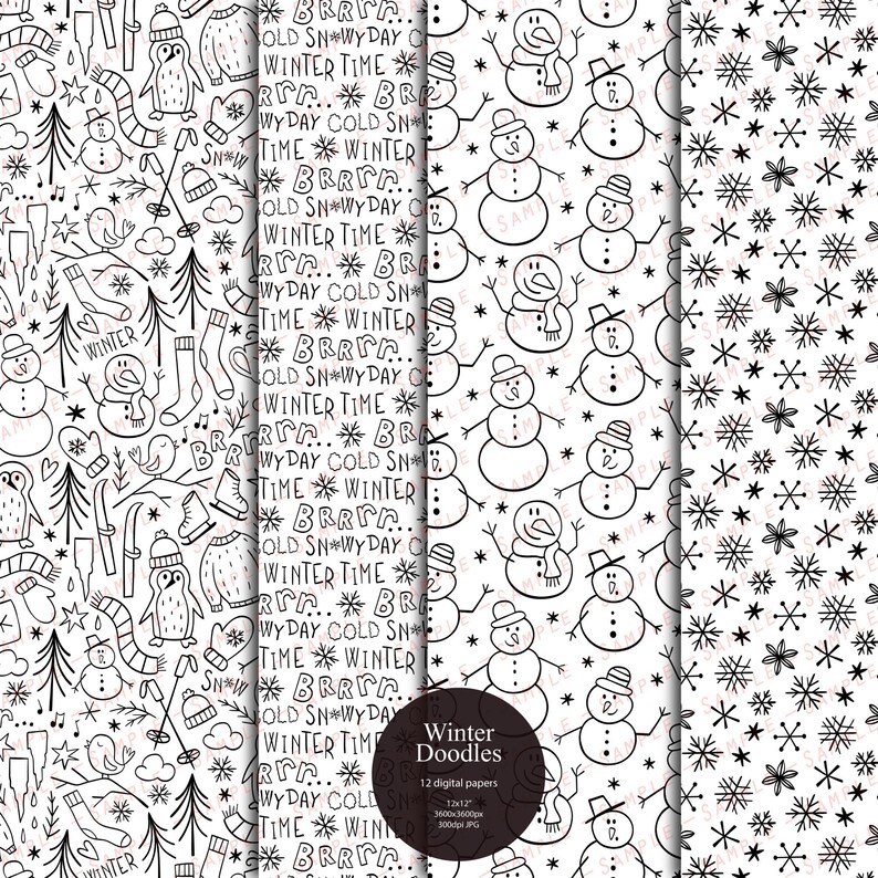 Winter Doodles Digital Paper Pack - 12 Printable Papers for Personal ...