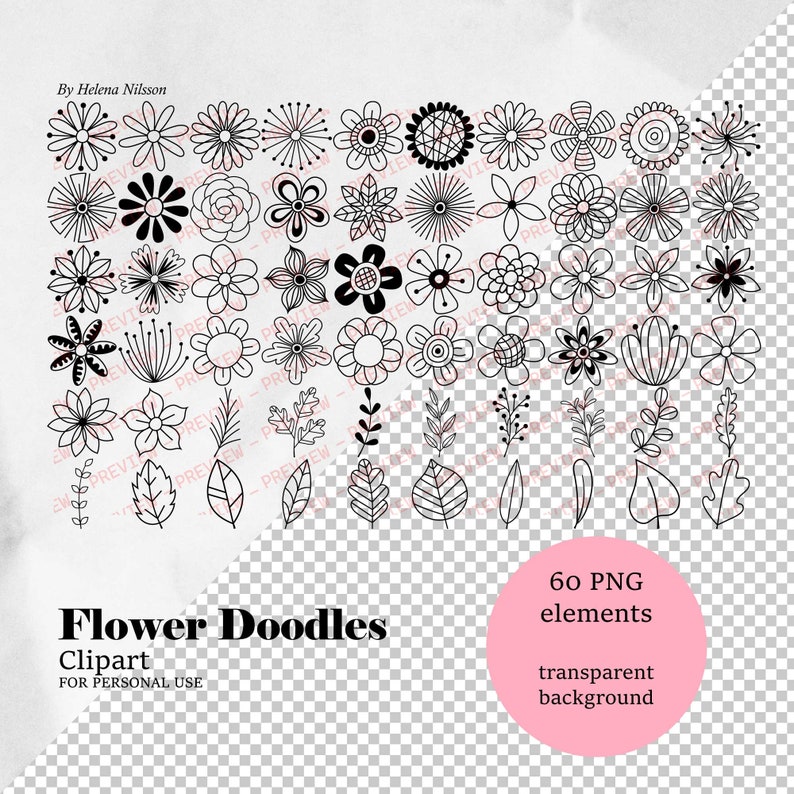 SVG Flower Doodles - 60 Transparent PNG Images for Personal Use - Hand ...