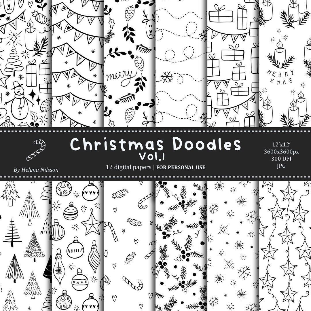Christmas Doodles Digital Paper Pack Vol.1 - 12 Printable Papers for ...