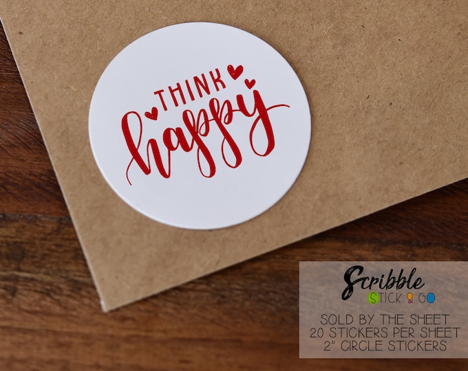 20 Think Happy Stickers, Handmade Sticker Labels Happy Mail Gift ...