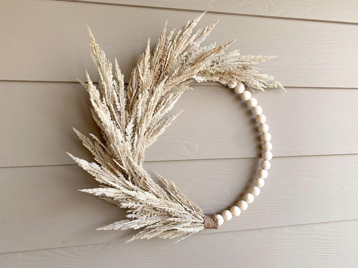 Artificial Pampas Grass Wreath Boho Wood Bead Wreath Beige - Etsy