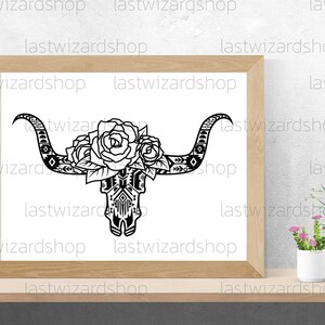 Cow Skull With Aztec Pattern and Roses Svg, Farm Svg, Bull Skull ...