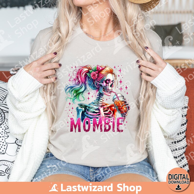 Mombie Girl PNG: Watercolor Halloween Coffee Sublimation Design ...