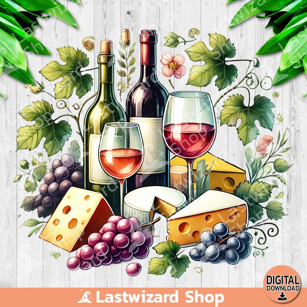 Wine and Cheese Watercolor Clipart: Wine Lover PNG (digital Download ...