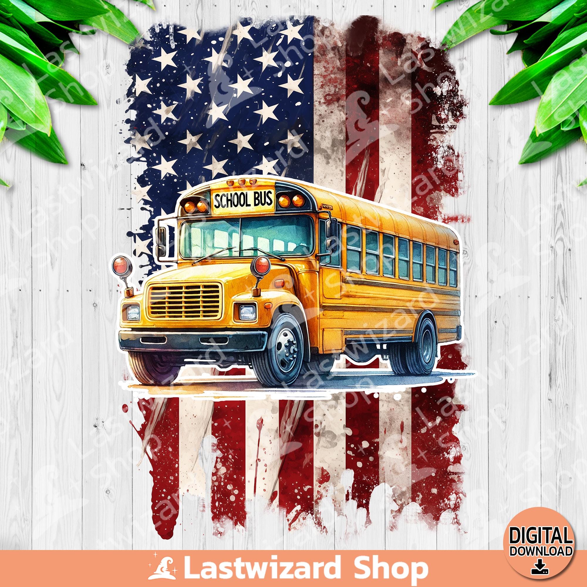 Retro School Bus American Flag Watercolor Whimsical PNG | Back to ...