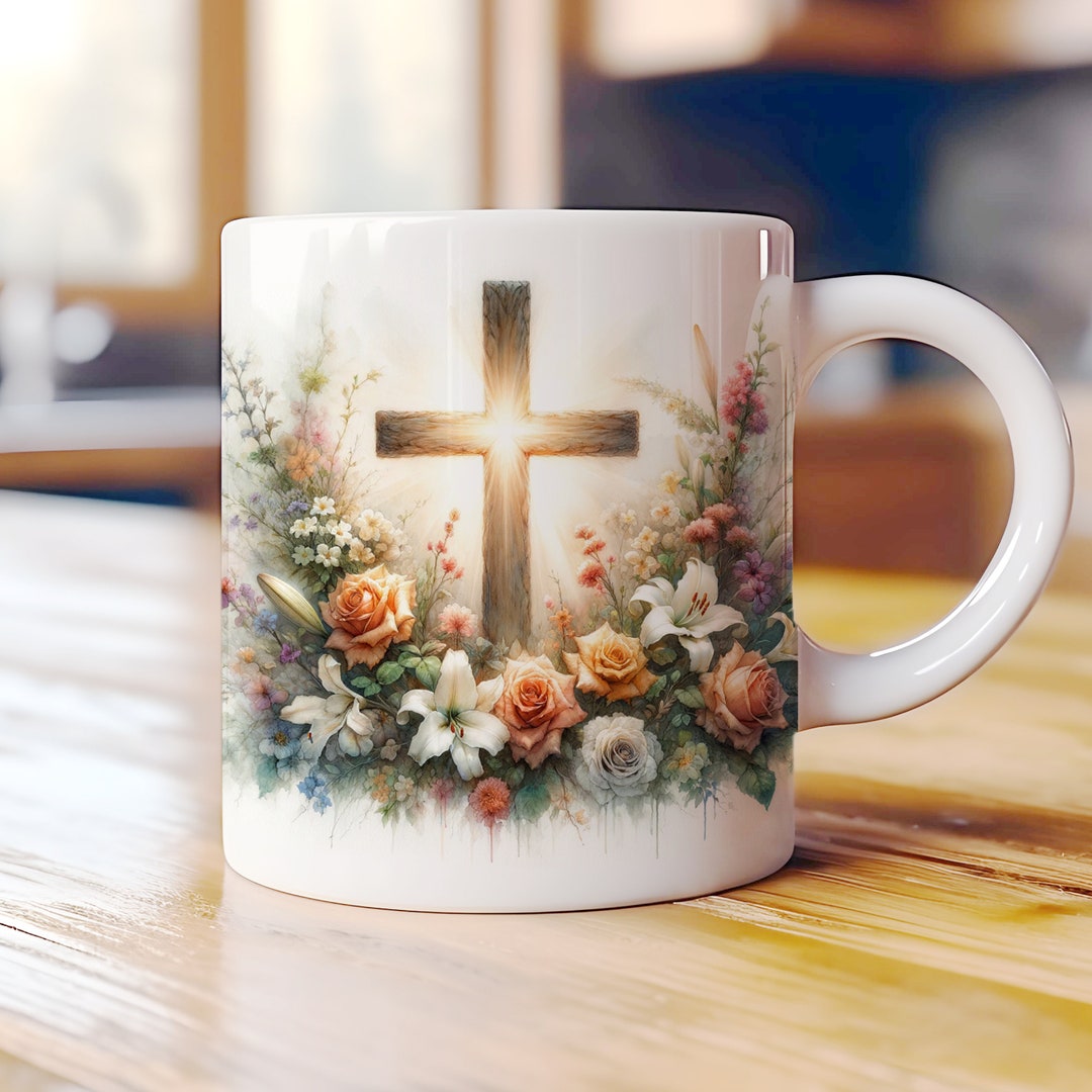 Warecolor Floral Cross Mug Wrap 11oz & 15oz Mug Wrap Template, Jesus ...