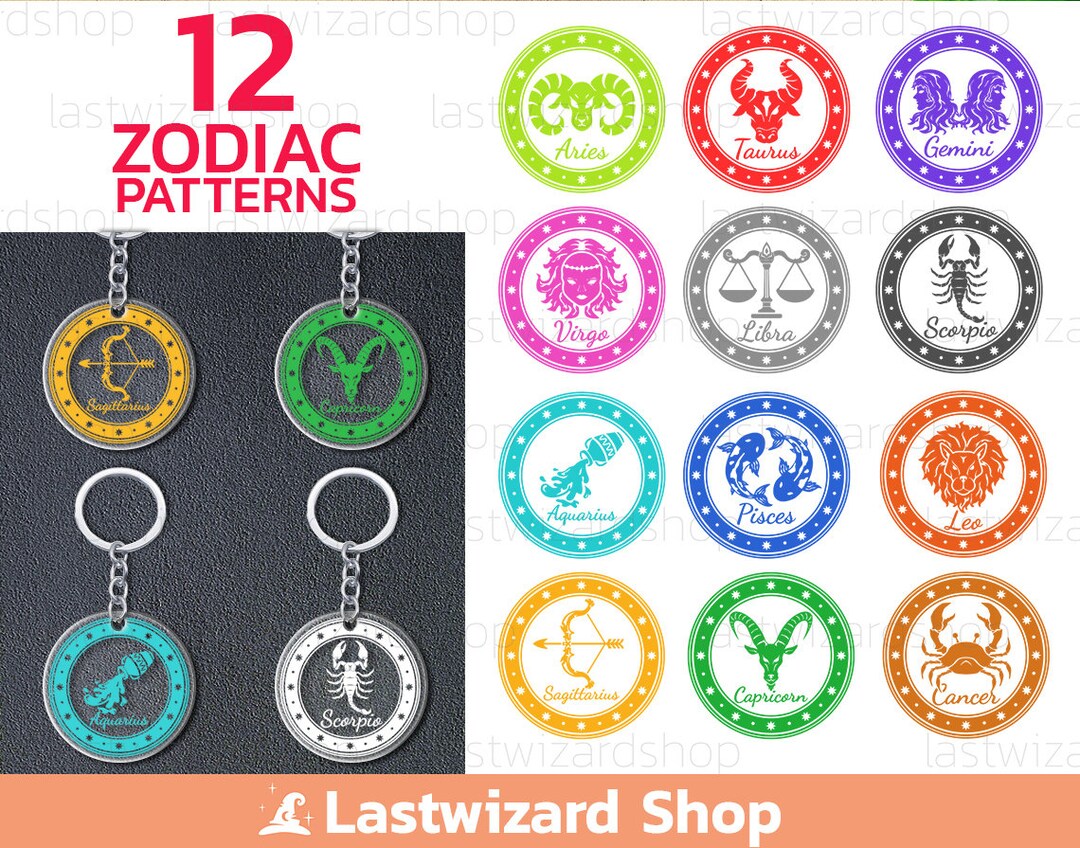 12 Zodiac Keychain Svg, Horoscope Signs Keyring Background Svg ...