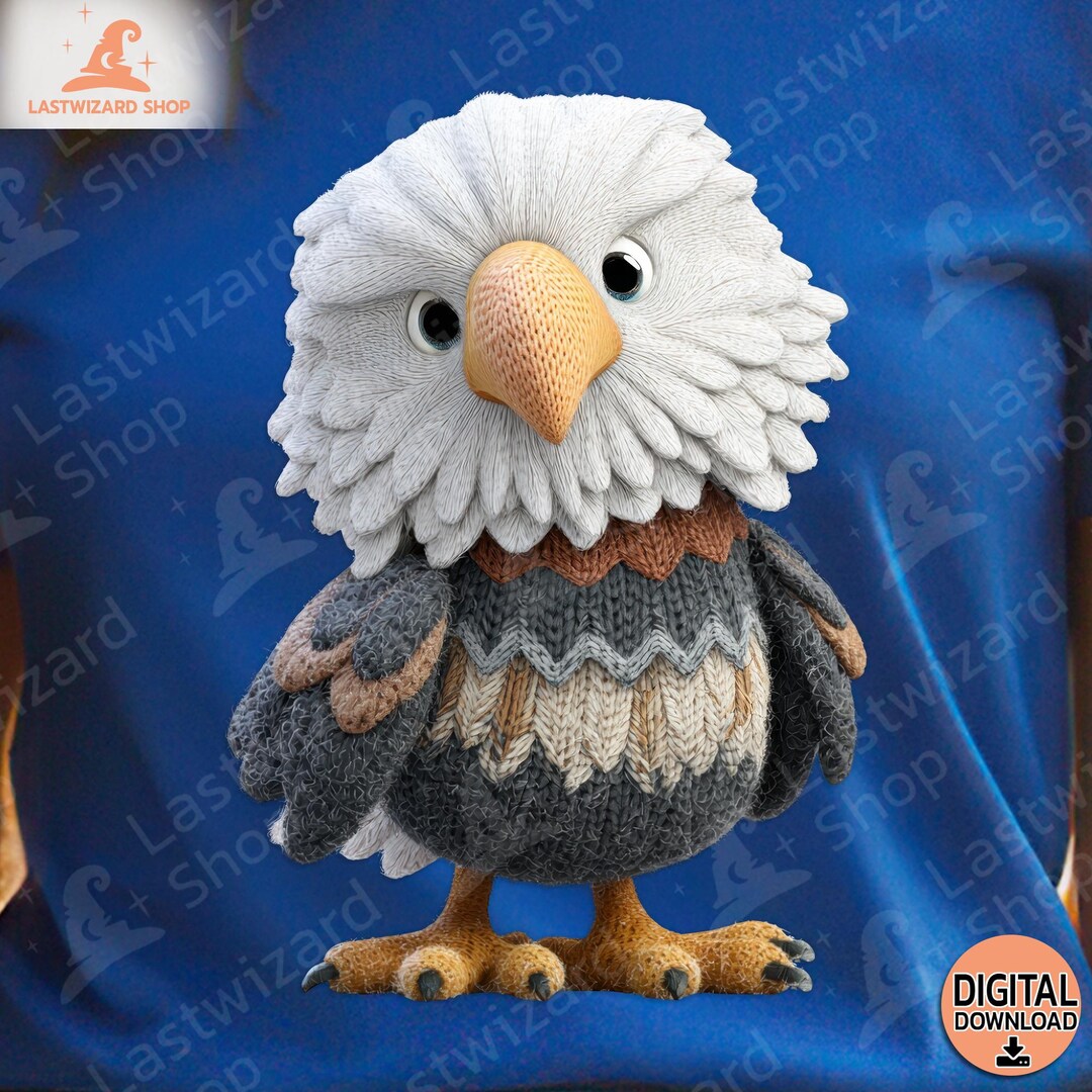 Cute Yarn Bald Eagle PNG for Kids, Soft Embroidered Eagle Animal ...