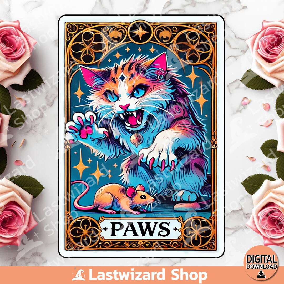 Paws Tarot Card PNG, Sublimation Design, Cat Catches Mouse Tarot Card ...