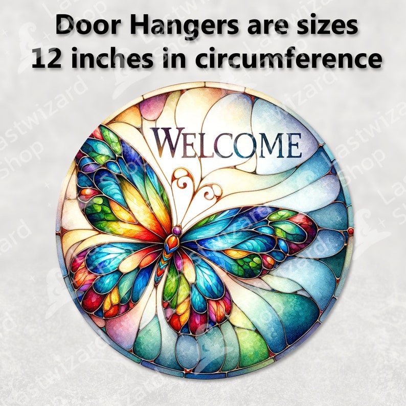 Butterfly Stained Glass Welcome Door Sign: 12 Inch Round PNG (digital ...