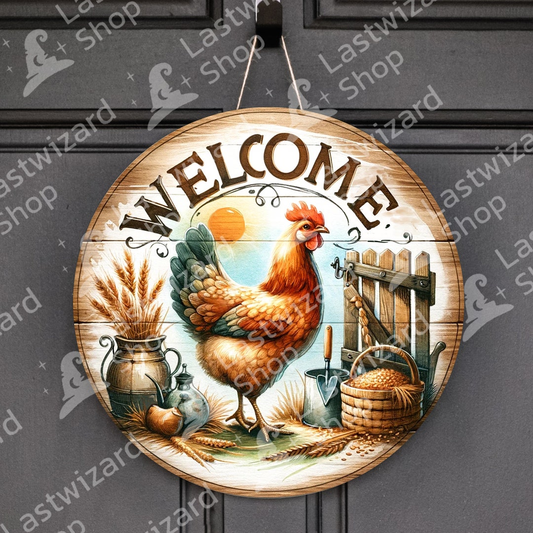 Retro Chicken Farm Welcome Sign PNG: 12 Inch Round Door Hanger (digital ...