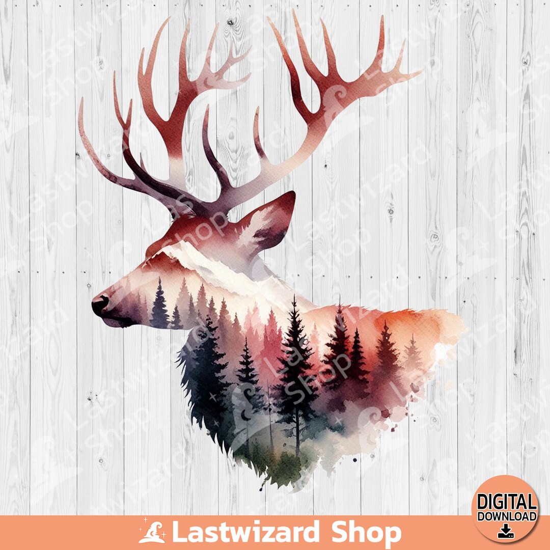 Watercolor Deer PNG: Mountain Forest Scene, Sublimation Design (digital ...