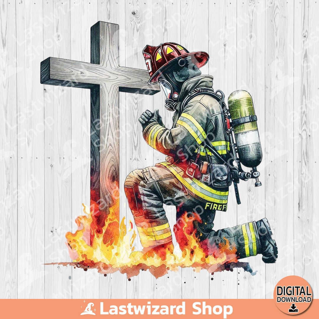 Firefighter Kneeling at Cross PNG, American Flag Fireman Prayer ...