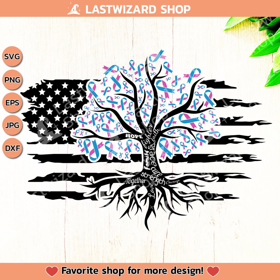Male Breast Cancer Tree Usa Flag Svg, Cancer Awareness Svg, Blue Pink ...