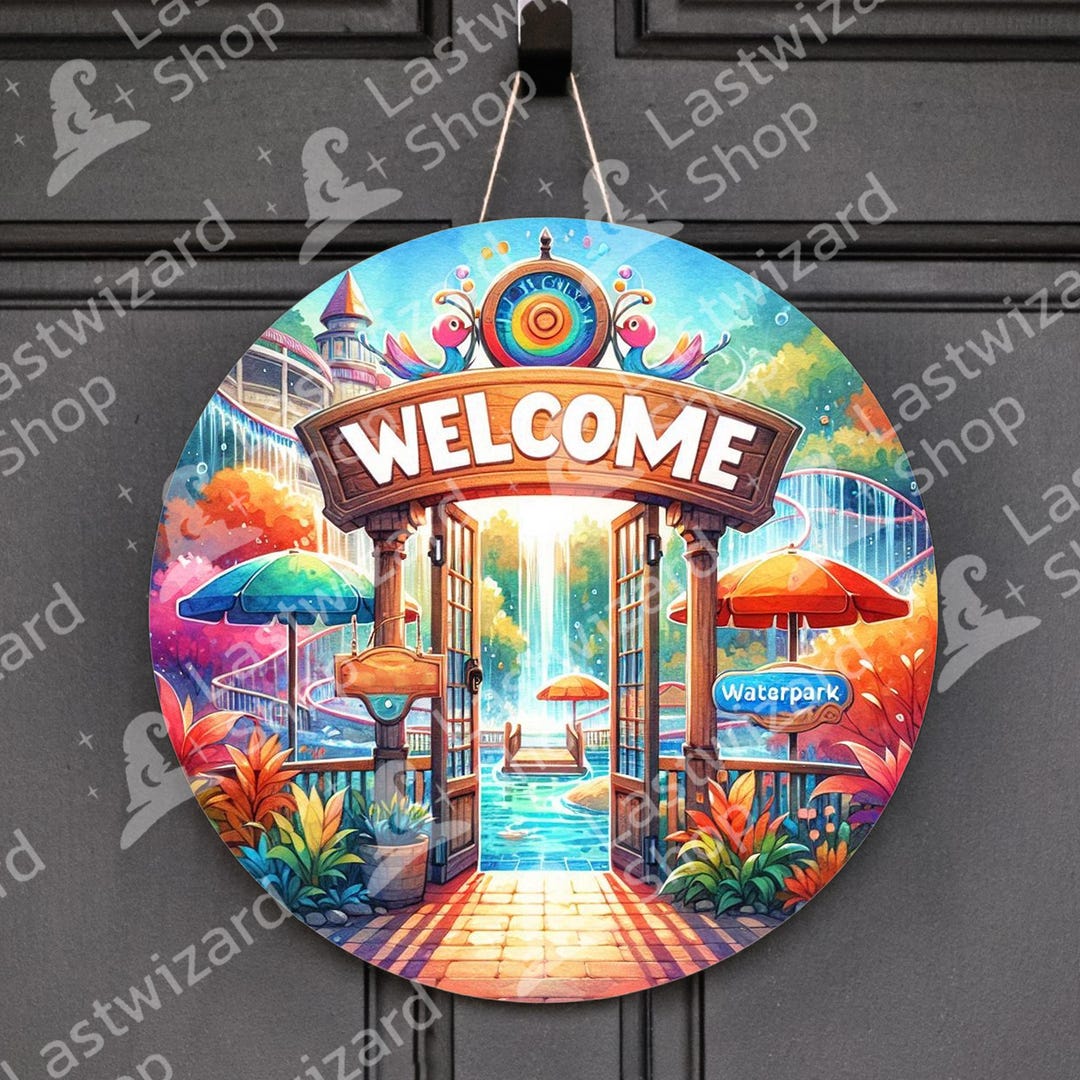 Water Park Round Welcome Sign Png, Waterpark Slides Door Hanger 12 Inch ...